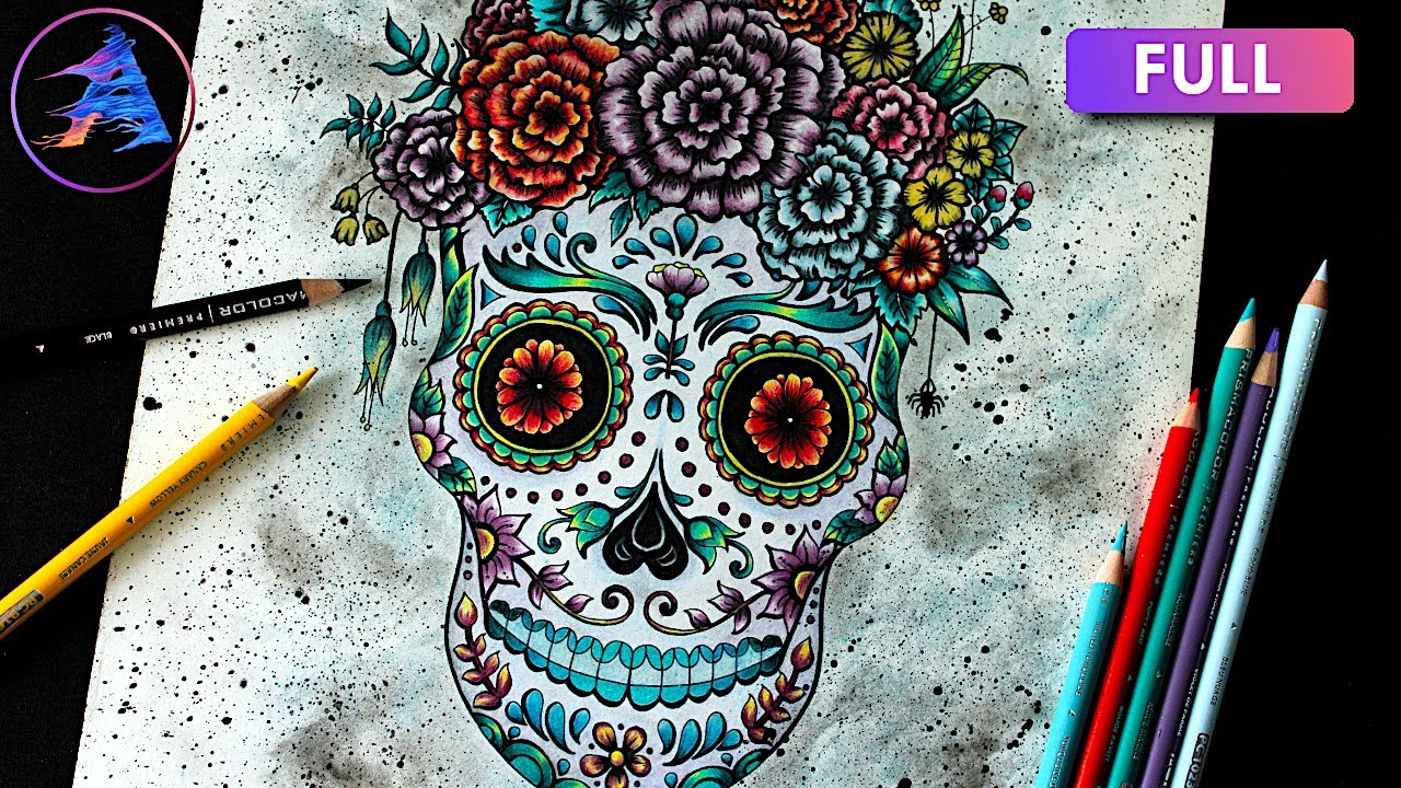 How to color a skull on the smoky background with colored pencils and ...