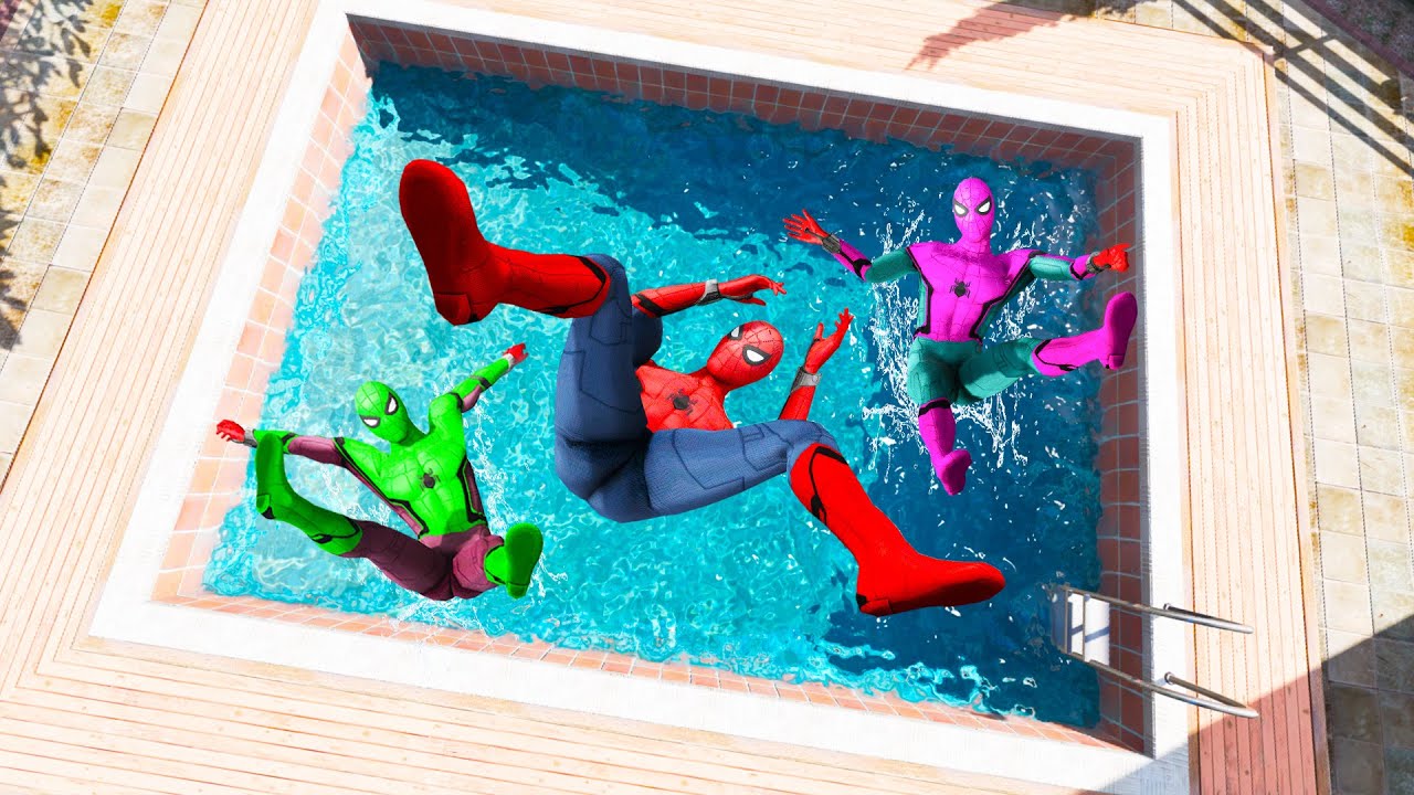 GTA 5 Rainbow Yellow Vs Red & Pink Spiderman Jumping Into Pool ...