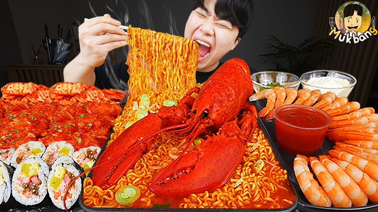 ASMR MUKBANG 랍스터 열라면 참치김밥 쉬림프링 직접 만든 양념 새우먹방! & 레시피 FIRE Noodle ...