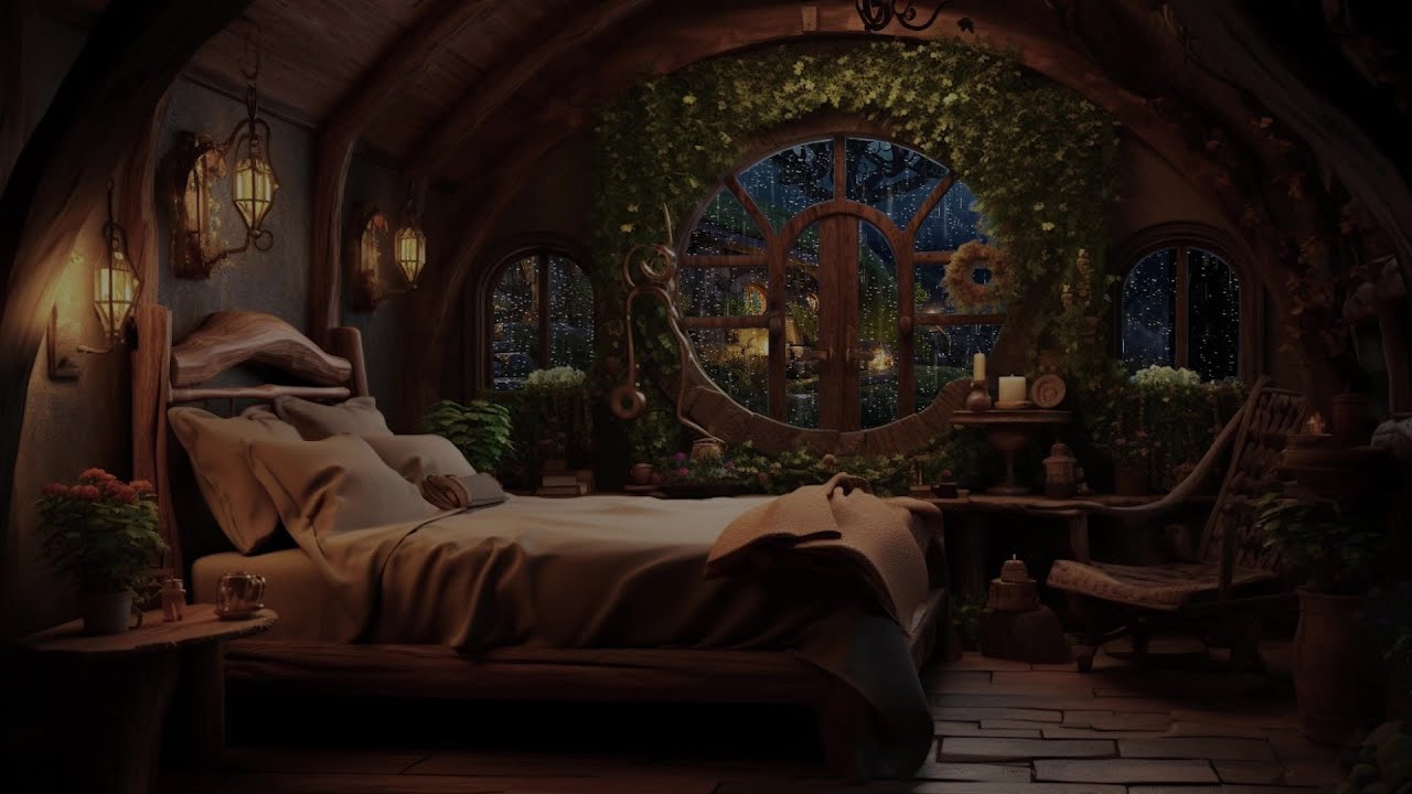 Warm Hobbit Bedroom Ambience - Crackling Fire and Rain Sounds for ...