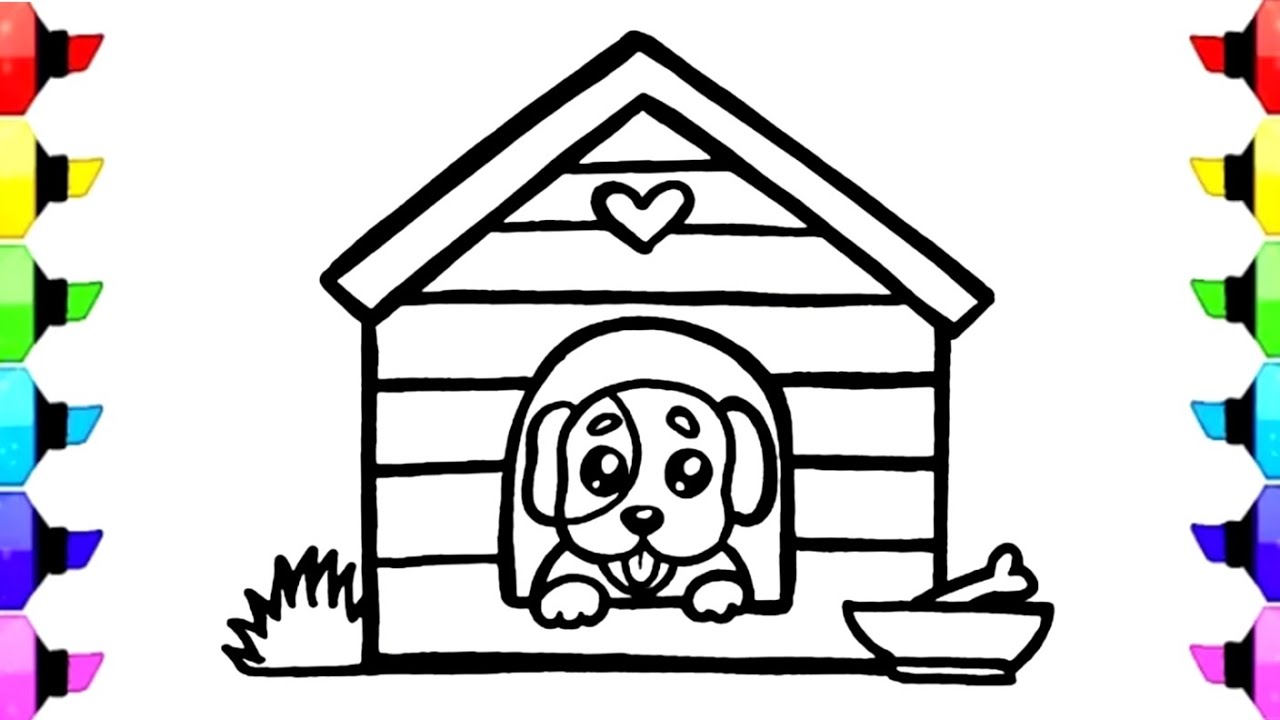 Beautiful Dog House Drawing, Painting and Coloring for Kids | Let's ...