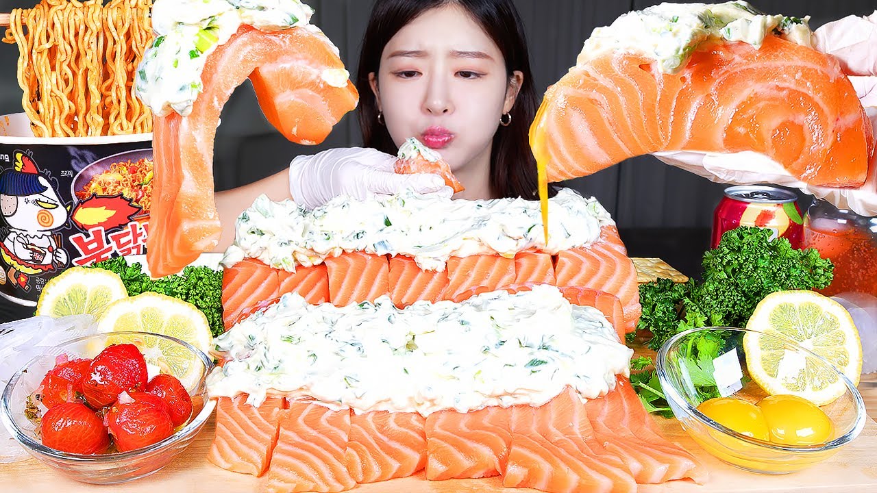 Asmr Mukbang 연어 1kg 쪽파크림치즈 가득 올려 먹기 🫢 꼭 드세요 연어 맛있게 먹는 법 먹방 ★ 1kg