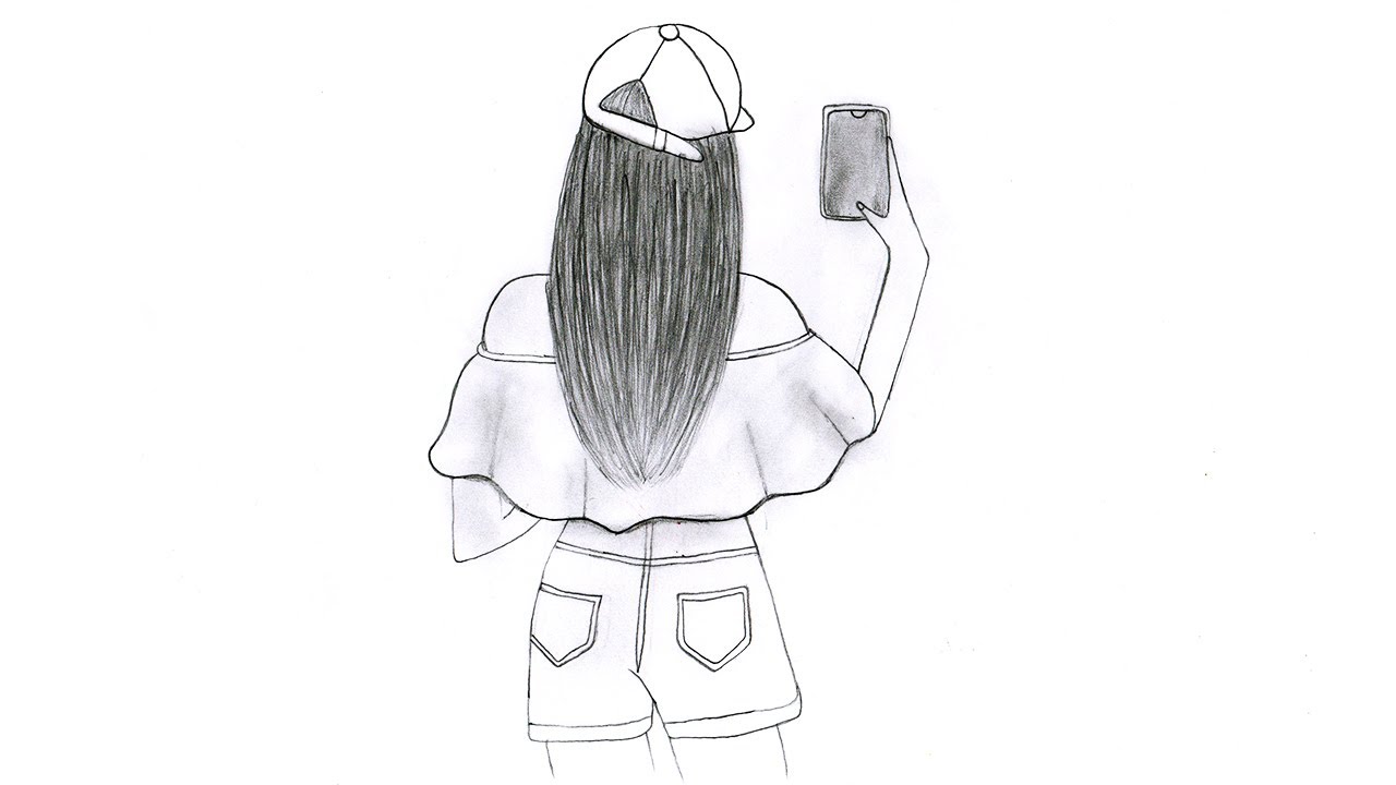 How To Draw A Girl Taking Selfie Pencil Sketch For Beginner | Selfie ...