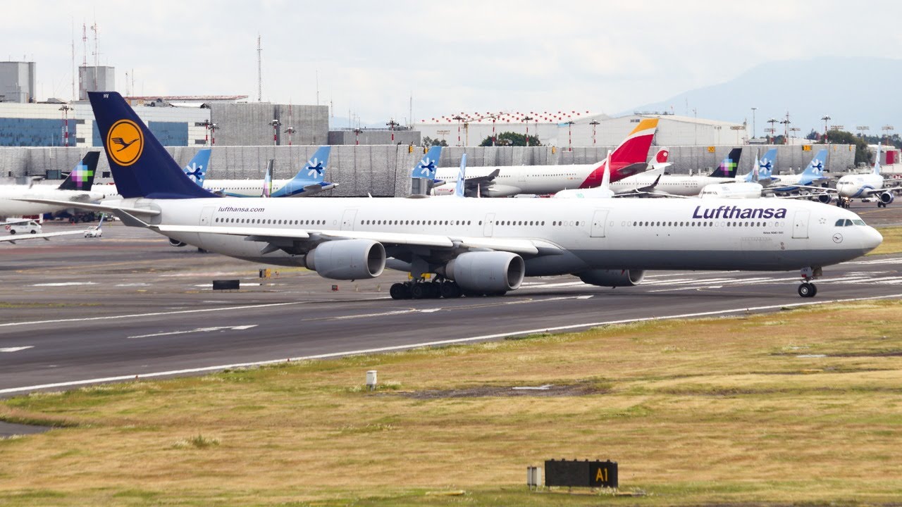 Airbus muy largo! A340-600 de Lufthansa despegue de Ciudad de Mexico ...