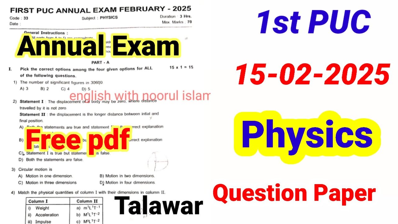 1st PUC Physics important questions for annual exam 2025 Kseab - YouTube