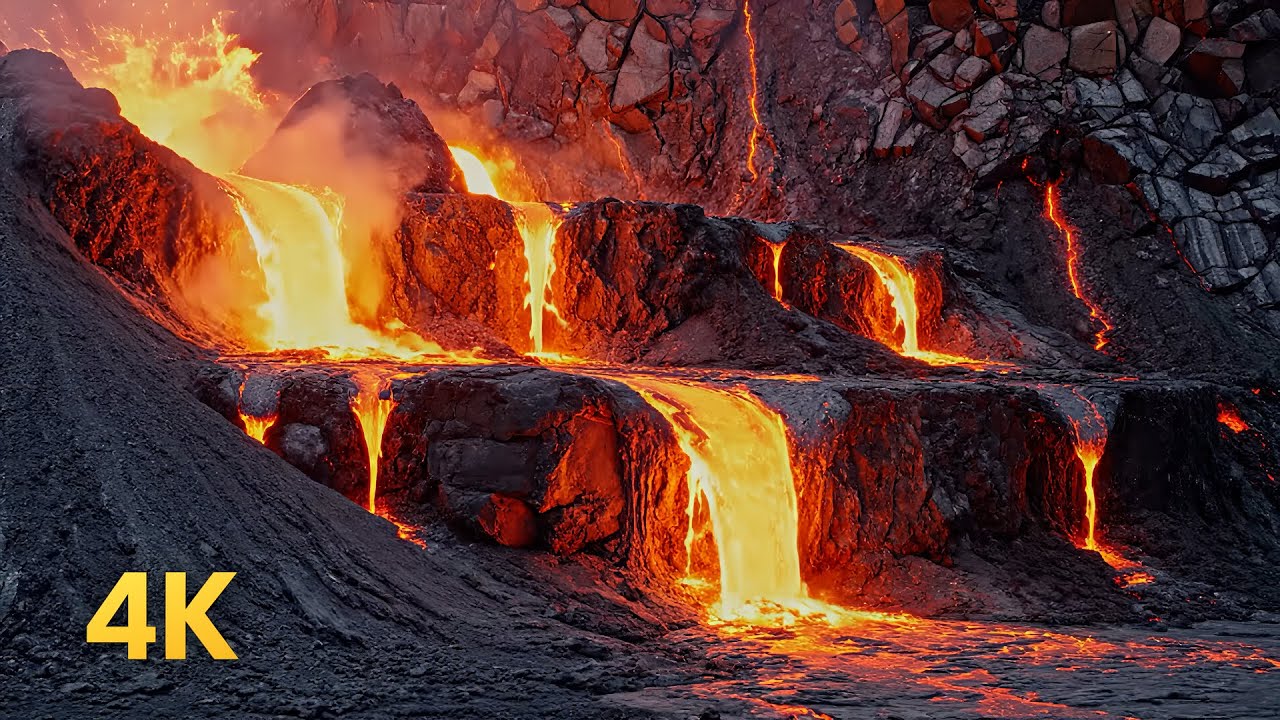 1 Hour of 4K Layered Lava Cascades Slow Molten Flow — Sounds for Sleep ...