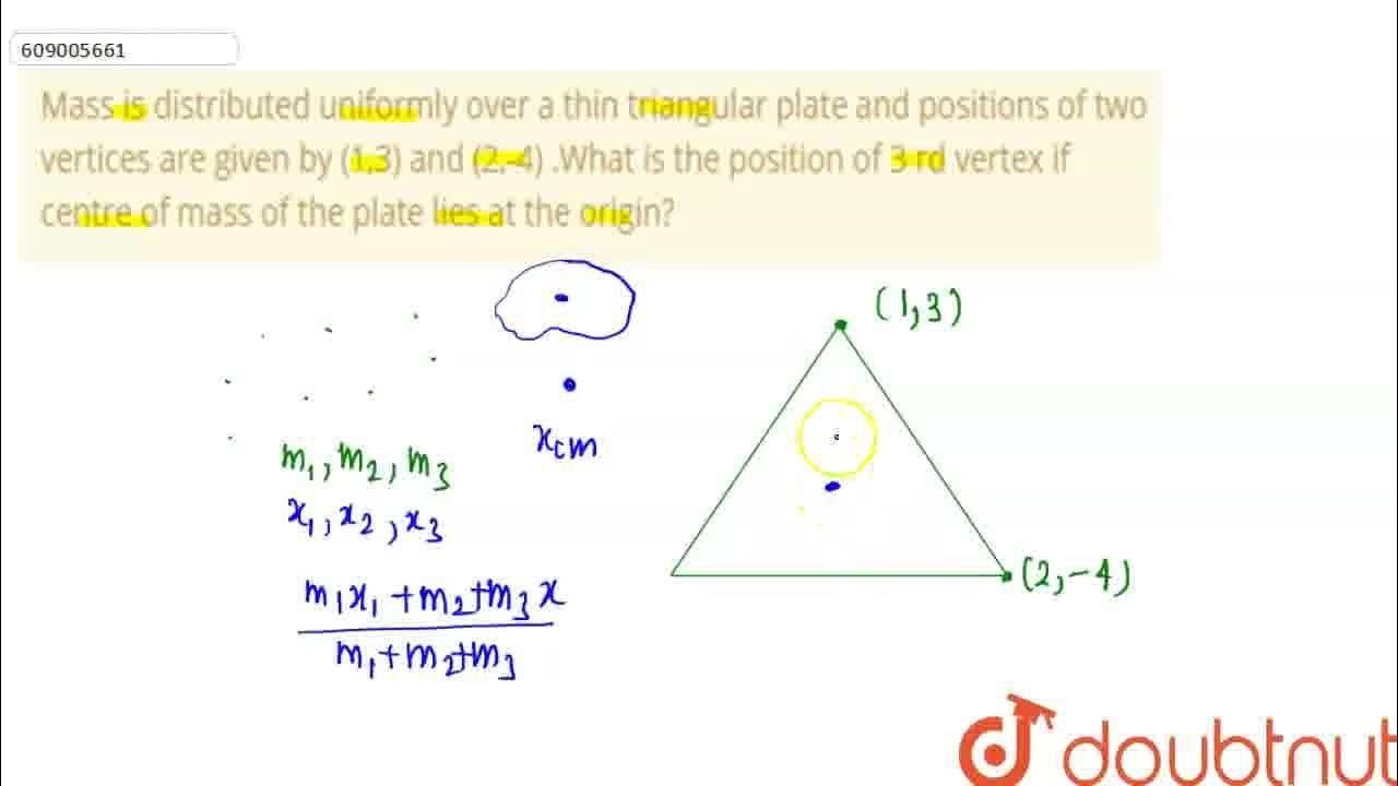 Mass is distributed uniformly over a thin triangular plate and positions of two vertices are giv ...