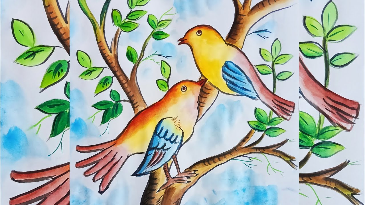 How to draw Beautiful Birds Scenery Step By Step - YouTube