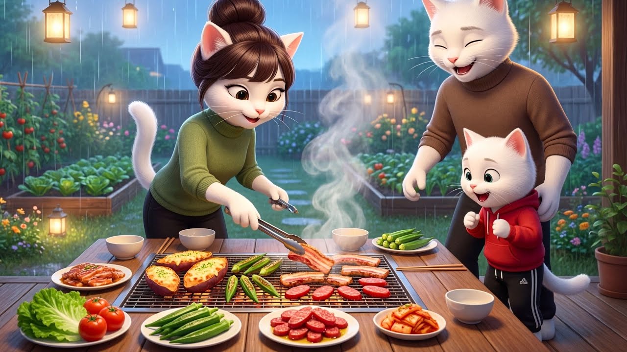A Cozy Rainy BBQ in the Cat Family’s Wooden Home - YouTube