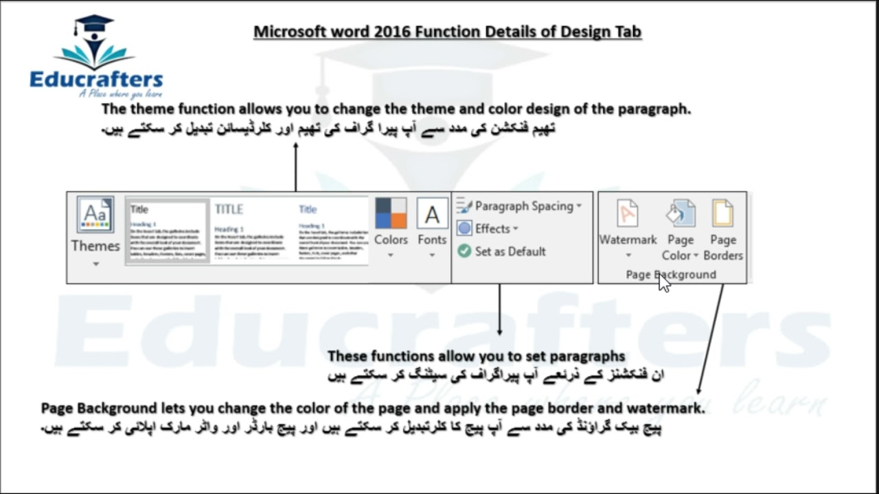 All information about MS word 2016 Design Tab functions Details in Urdu ...
