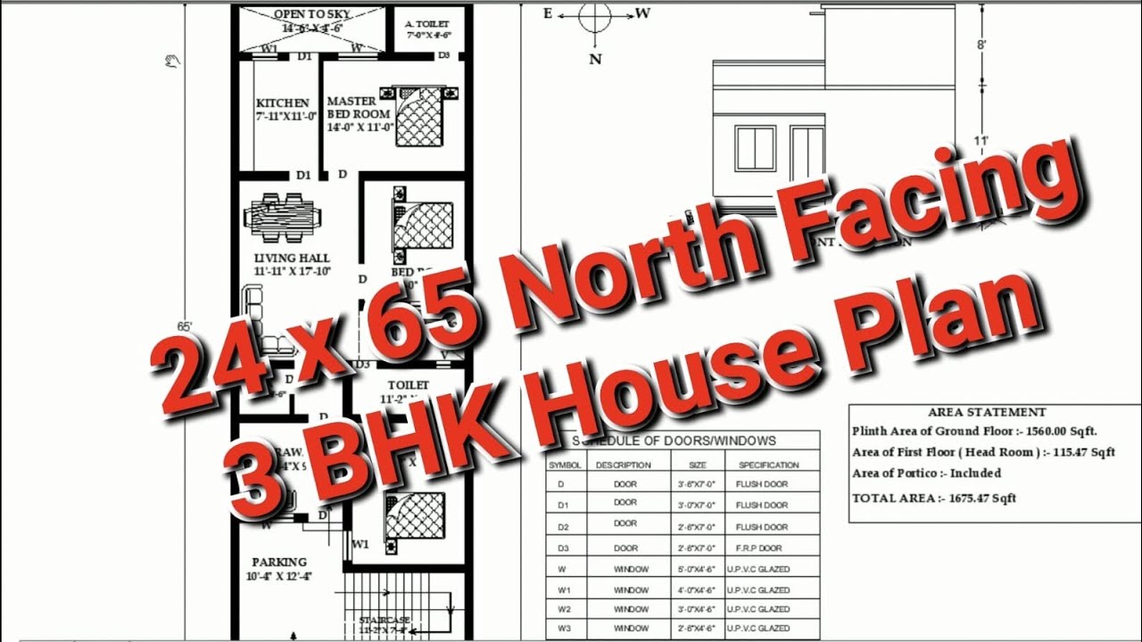 24 x 65 House Plan @ 3 BHK. North Facing 3 BHK House Plan. - YouTube