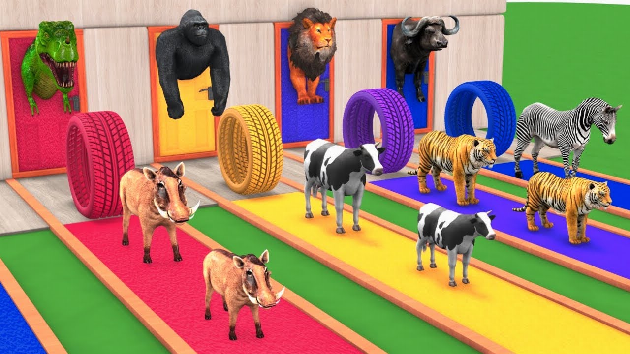 5 Wild Animals Crossing Pool with Gorilla, Tiger, Elephant, Hippo and ...