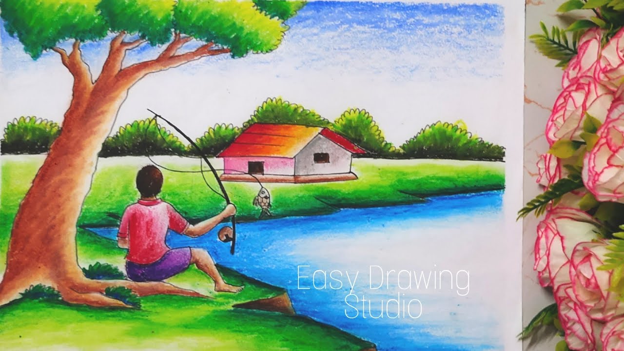 Scenery With Human Figure/Village Scenery Drawing/How to Draw Scenery ...