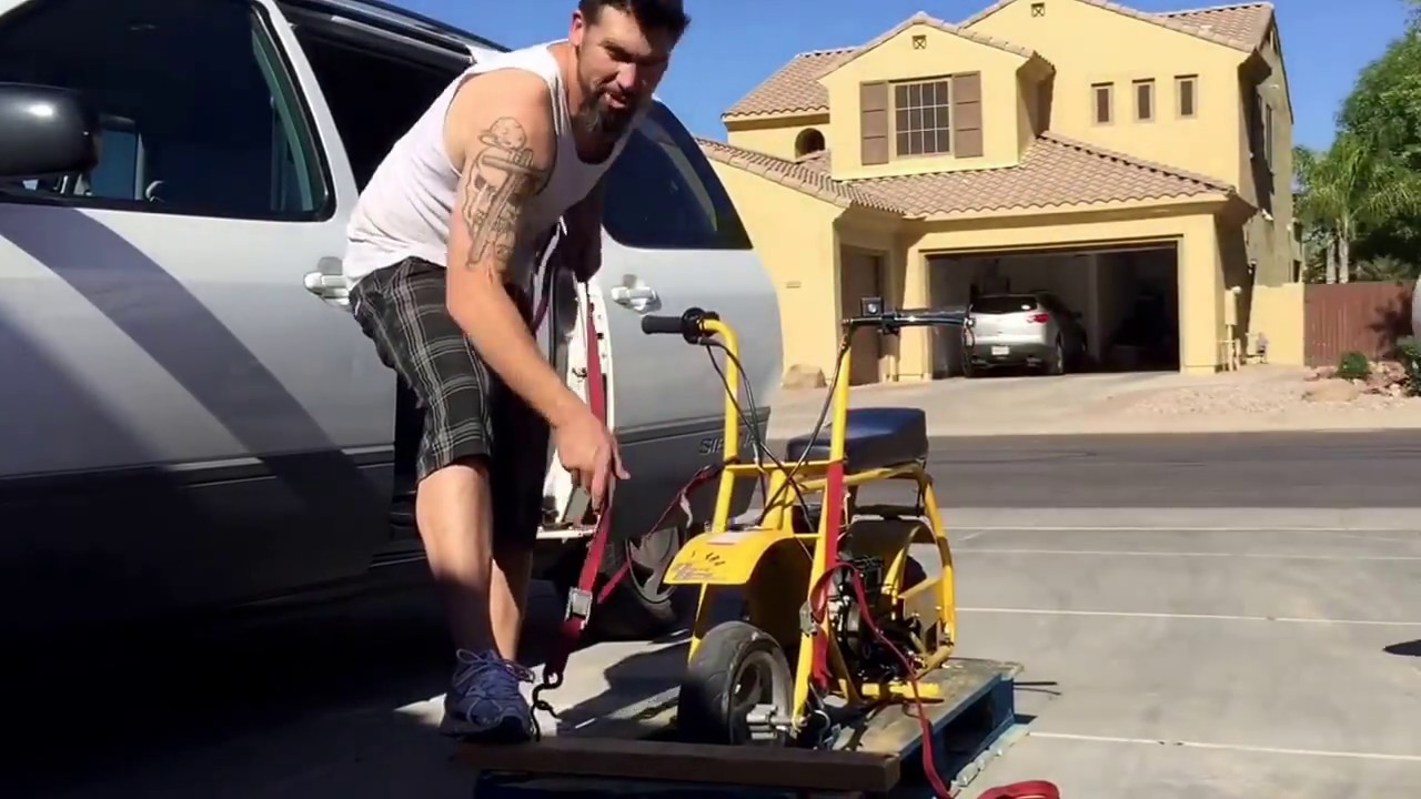DIY pallet hack for MiniBike transport skid tie down - YouTube
