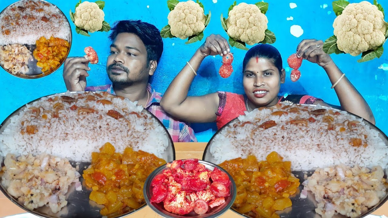 eating show | Cauliflower onion fry with rice eating | asmr mukbang big ...