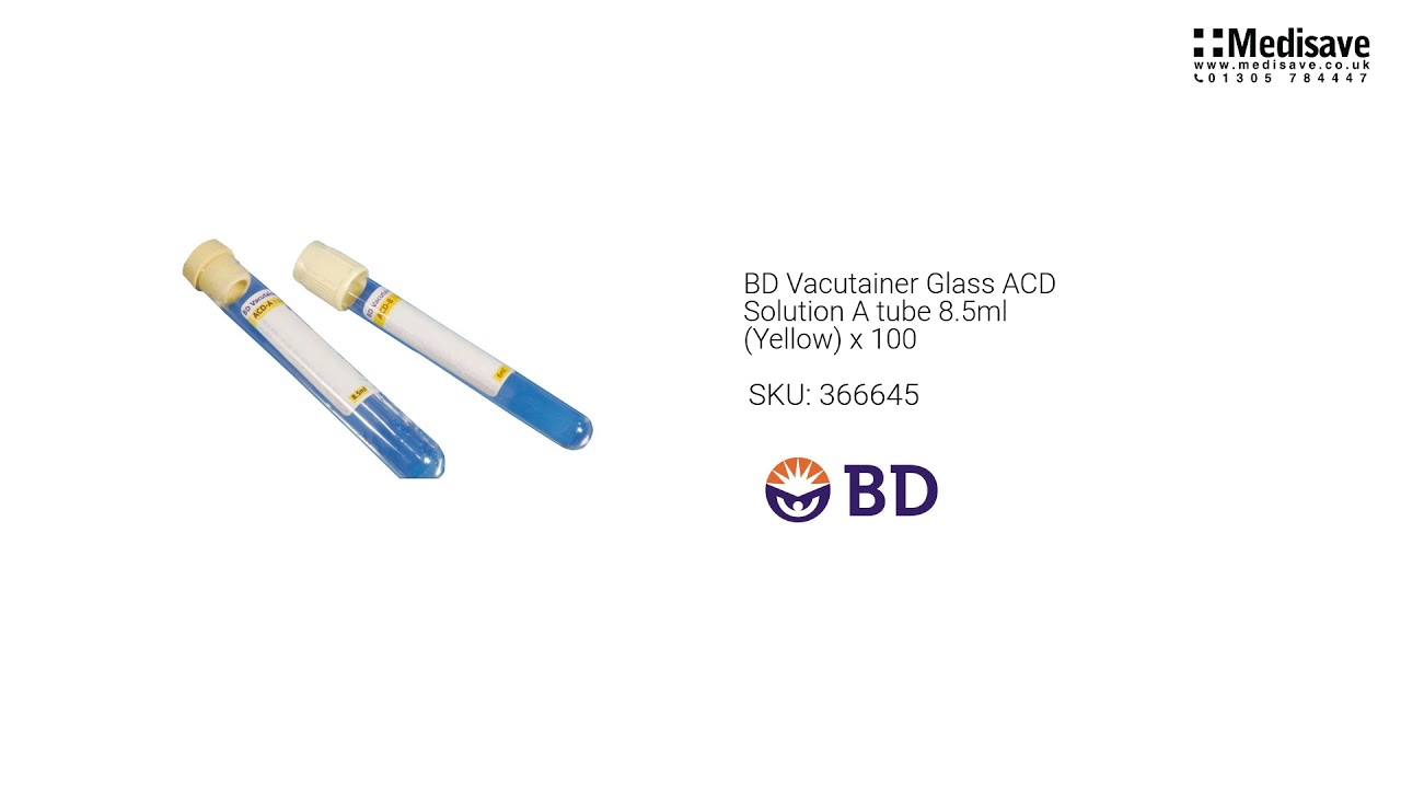 BD Vacutainer Glass ACD Solution A tube 8 5ml Yellow x 100 366645 - YouTube