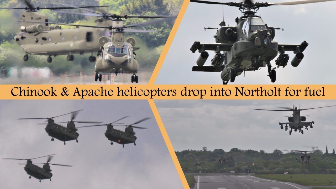 8 Chinook & Apache helicopters drop into Northolt for fuel - YouTube