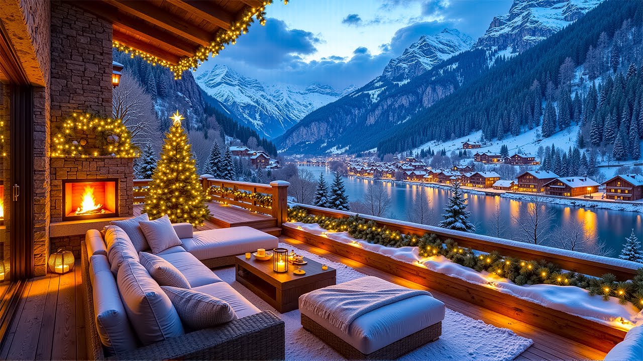 Terrace Snowy December Nights🎄Soothing Jazz on the Hill with Cozy Vibes ...