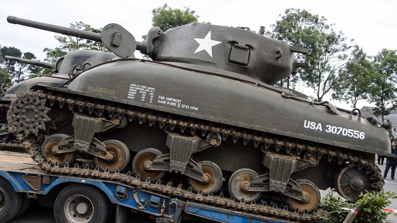 Sherman M4A1(76) starting up, unloading and driving (radial engine ...