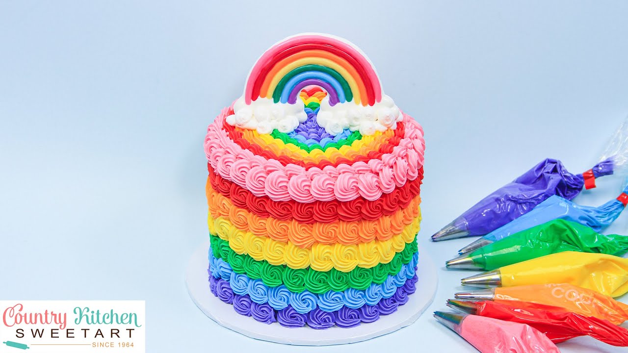 Rainbow Rosette Decorated Cake - YouTube