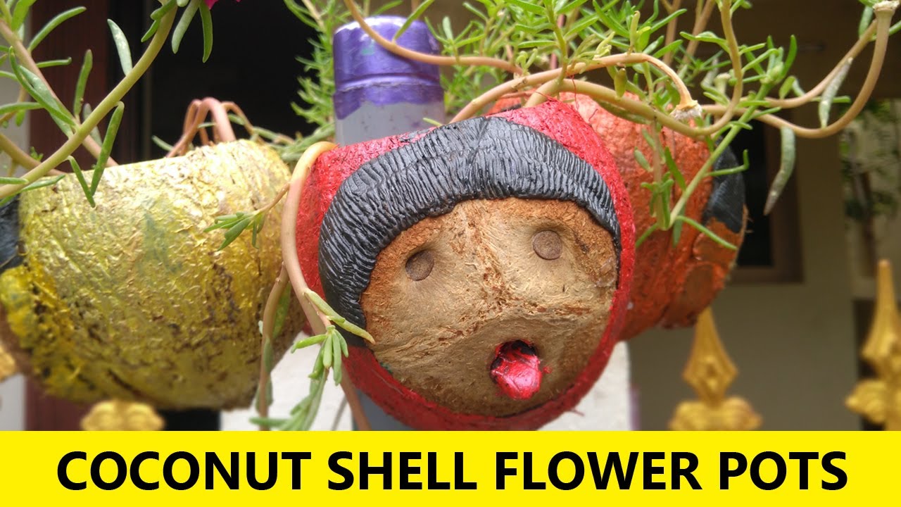 coconut shell flower pots | coconut shell craft ideas | coconut shell ...