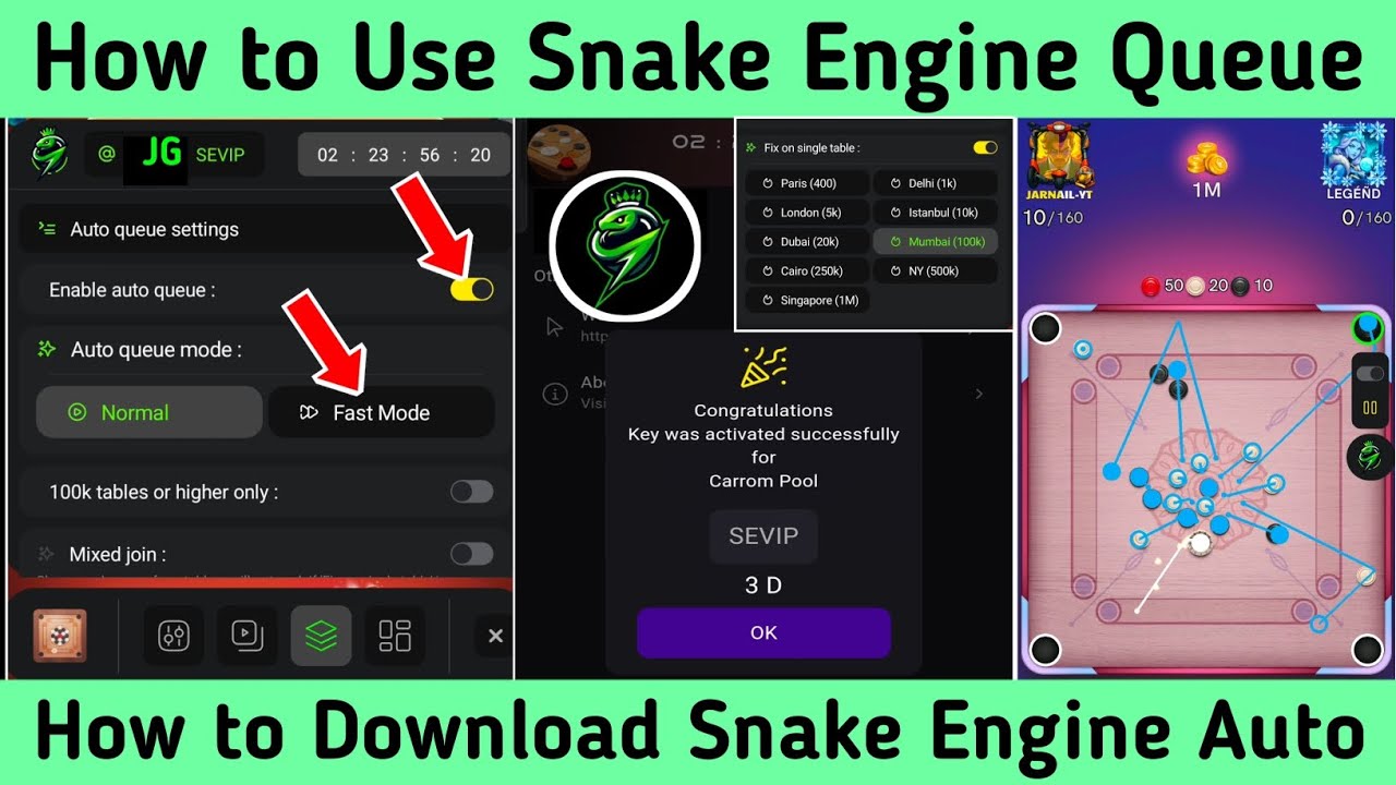 How to Use Snake Engine Queue Mode Full Steup | How to Download Carrom ...