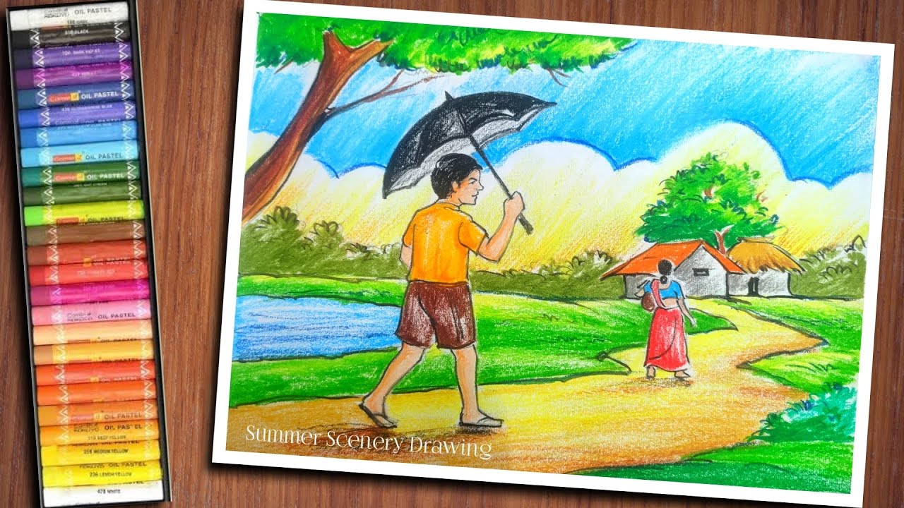 Easy Village Scenery Drawing Of Summer Season | Easy Oil Pastel Drawing ...