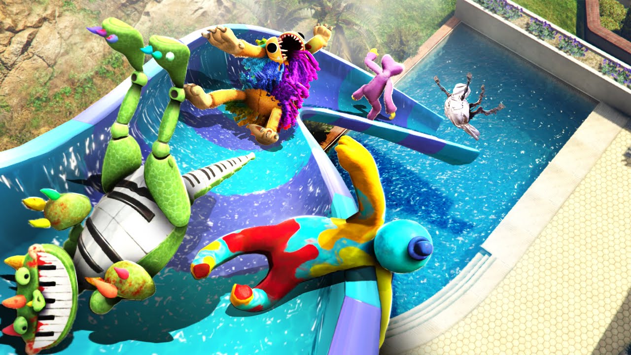 GTA 5 Poppy Playtime Squad Water Slide Ragdolls and Jumping - YouTube