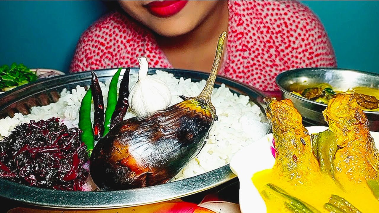 Bigbites | Eating Roasted Bringan Bhorta,Red Spinach, Spicy Fish Curry ...