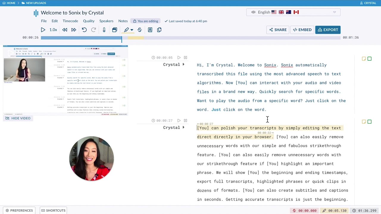 Introduction to Sonix: How to edit a transcript - YouTube