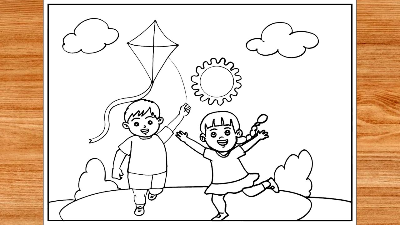 How To Draw Scenery Of Kite Flying - Kite Festival Drawing || Kite ...