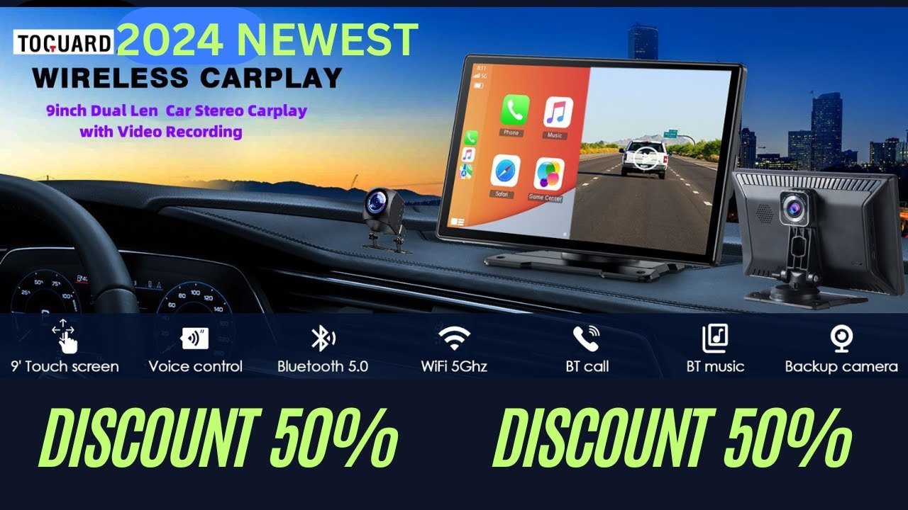 TOGUARD 9" Wireless Apple Carplay Android Auto Car play Screen CarPlay Monitor,2.5K Dashcam DVR ...