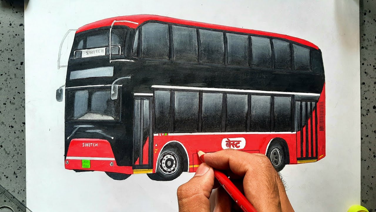 Drawing the BEST's stylish AC Double Decker Bus || Simplified Sketch ...