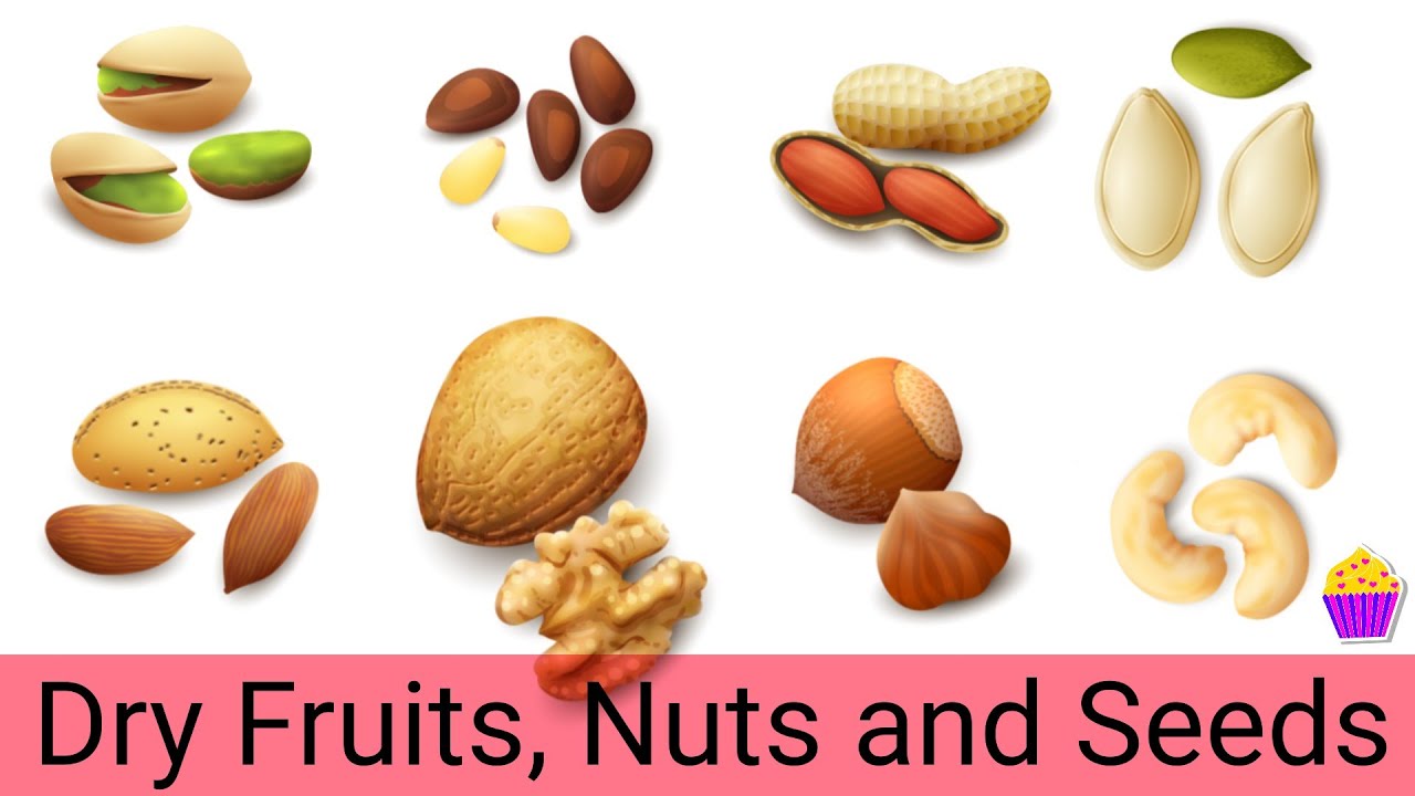 Learn Dry fruits, Nuts and seeds names for kids in English | cute ...