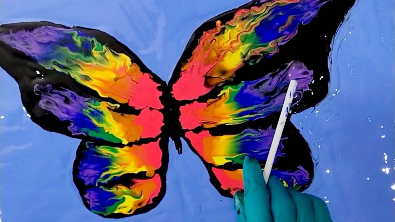 Acrylic Pouring Paint Rainbow Butterfly Using A Straw~Creative Acrylic ...