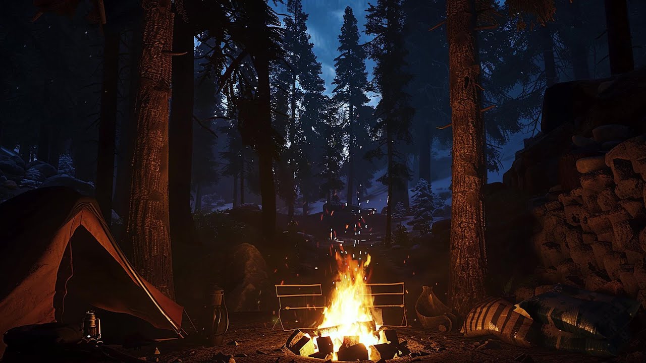 Lakeside Forest Scene with Cozy Fireplace Ambience | Relaxing Fire ...