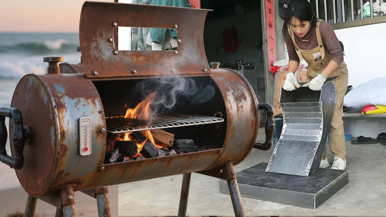 Lin Guoer creating a multi-functional barbecue grill from a used water ...