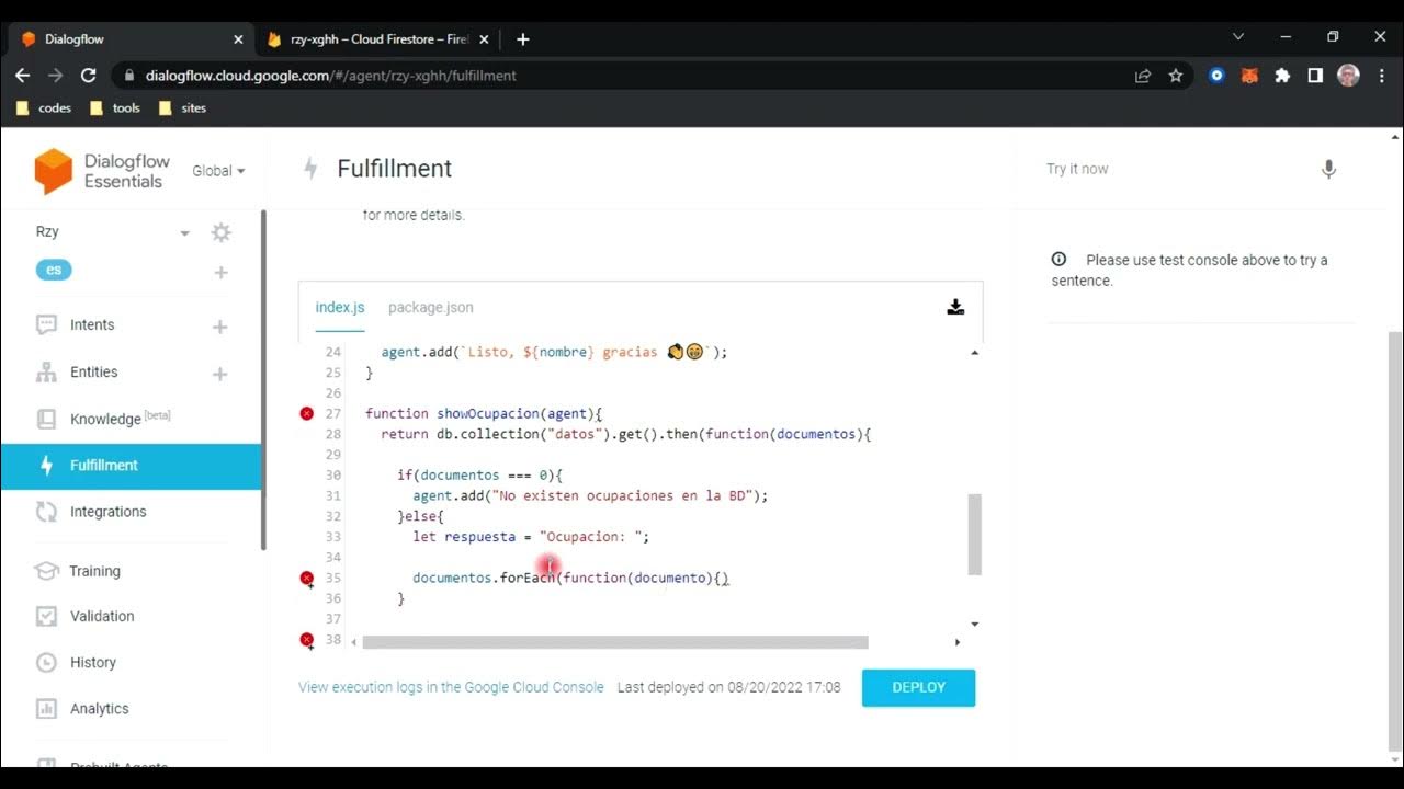 Como obtener datos en Firestore Cloud (Firebase) desde Dialogflow en Español - YouTube