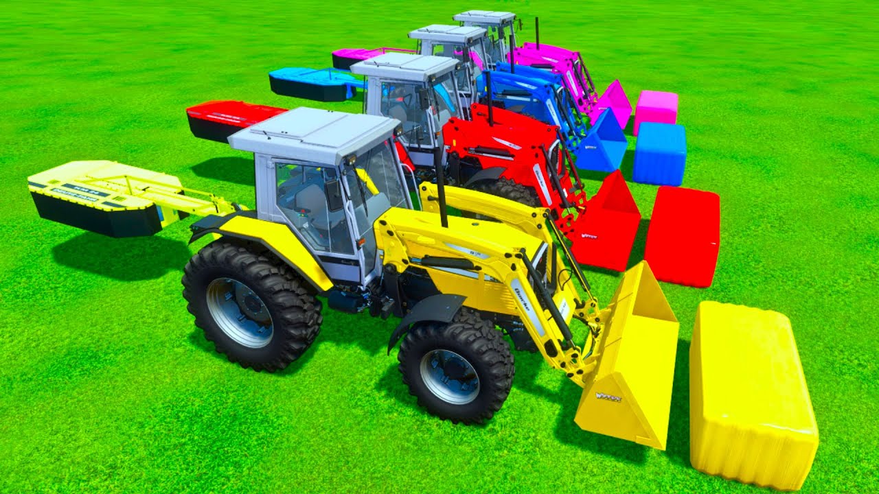 TRANSPORTING & GRASS LOADING WITH COLORFUL TRACTORS! FS22 - YouTube