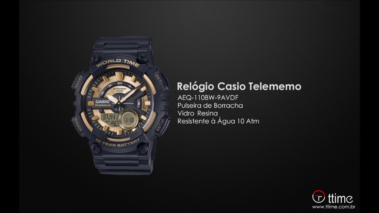 RELÓGIO CASIO TELEMEMO AEQ-110BW-9AVDF + HORA MUNDIAL, CRONÔMETRO E ...