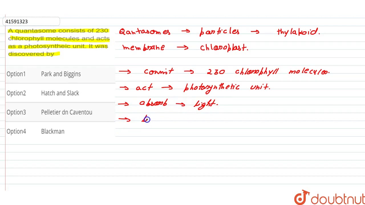 A quantasome consists of 230 chlorophyll molecules and acts as a ...