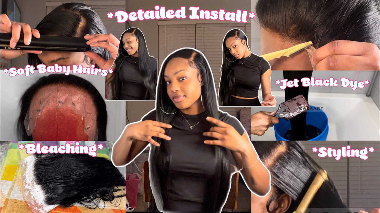 INCREDIBLY DETAILED 🖤JET BLACK🖤 SIDE PART WIG INSTALL! DYEING ...