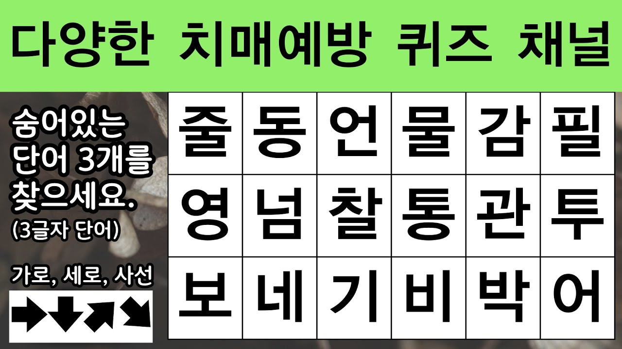 다양한 치매예방 퀴즈 채널 치매예방퀴즈 치매예방활동 치매테스트 숨은단어찾기 집중력키우기 단어퀴즈 Youtube