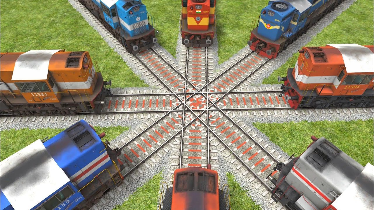 Eight Trains Coupling On Super Tech Curved Bumpy Forket Railroad ...