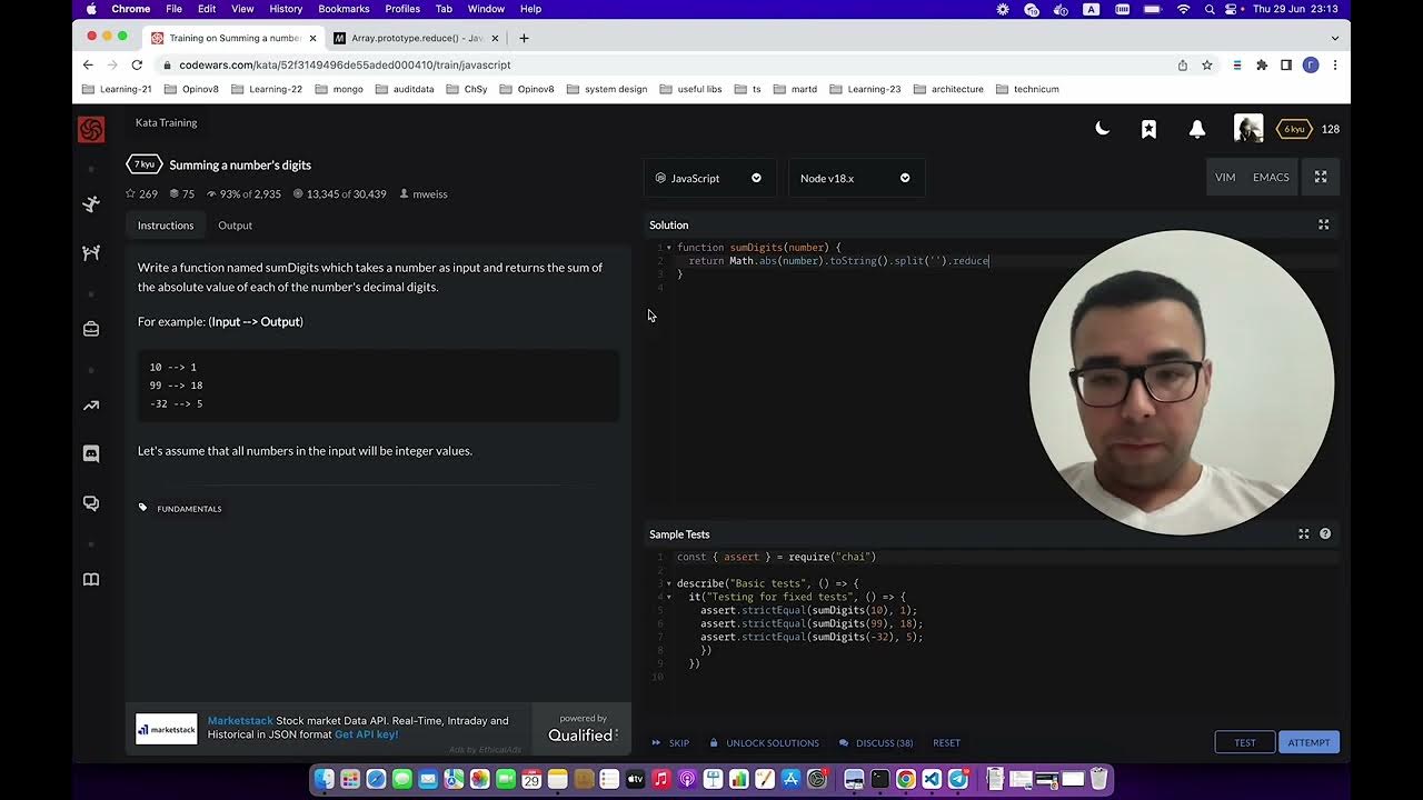 Codewars. Решаем задачи. JavaScript. Summing a number's digits. 7kyu. - YouTube