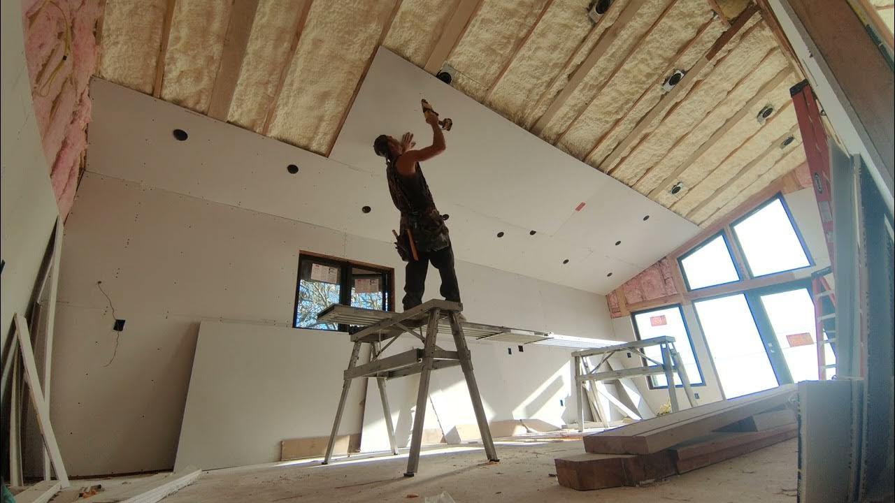 How To install 12 ft. Drywall on Vaulted Ceiling without using a lift - YouTube