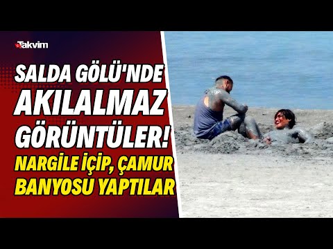 Salda Gölü'nde akılalmaz görüntüler! Nargile içip, çamur banyosu yaptılar