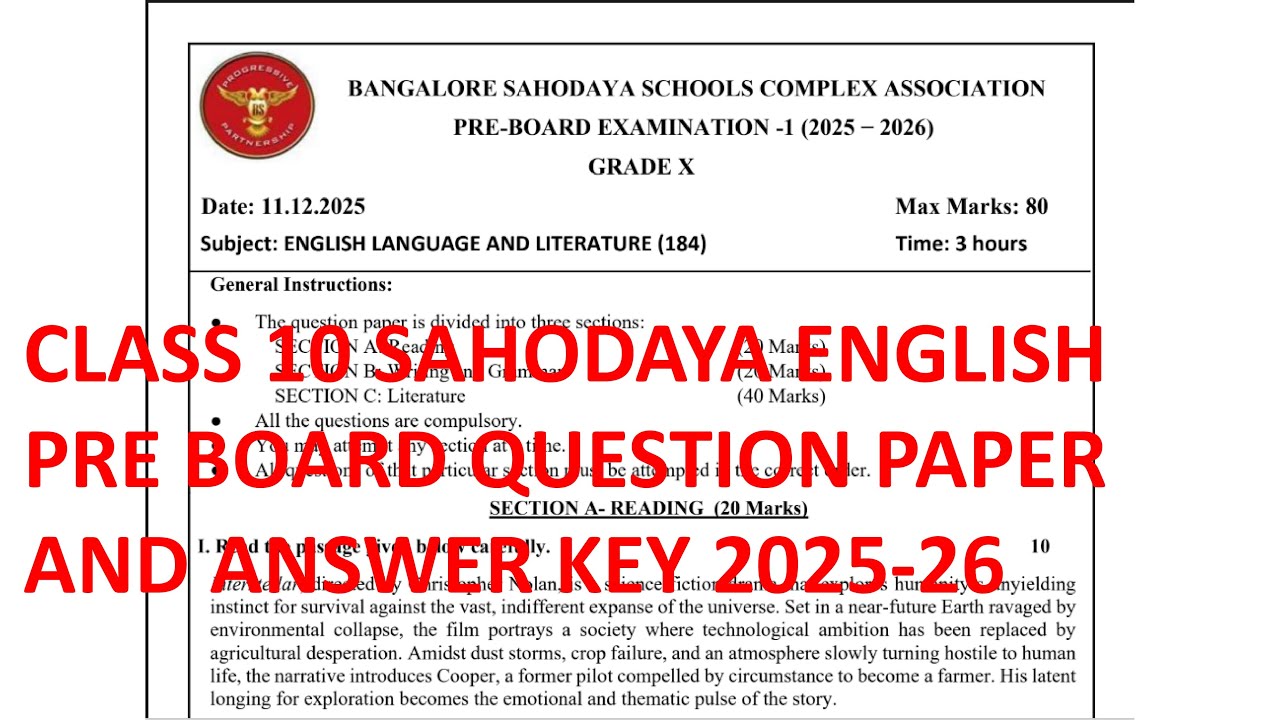 CLASS 10 SAHODAYA ENGLISH PRE BOARD QUESTION PAPER AND ANSWER KEY 2025 ...