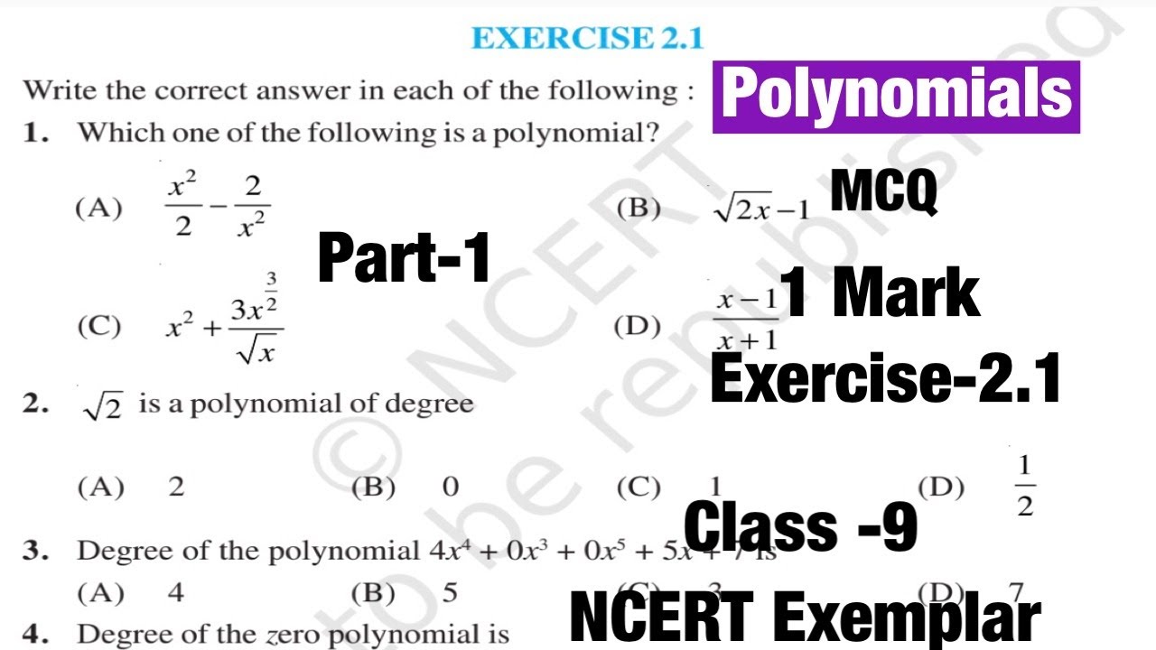 Polynomials class 9 NCERT Exemplar | class 9 I Exercise 2.1 I MCQ ...