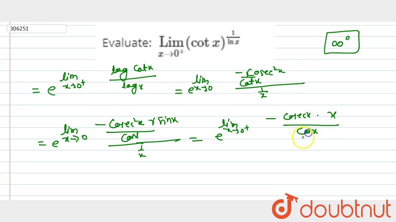 Evaluate Lim x 0 cotx 1 lnx YouTube